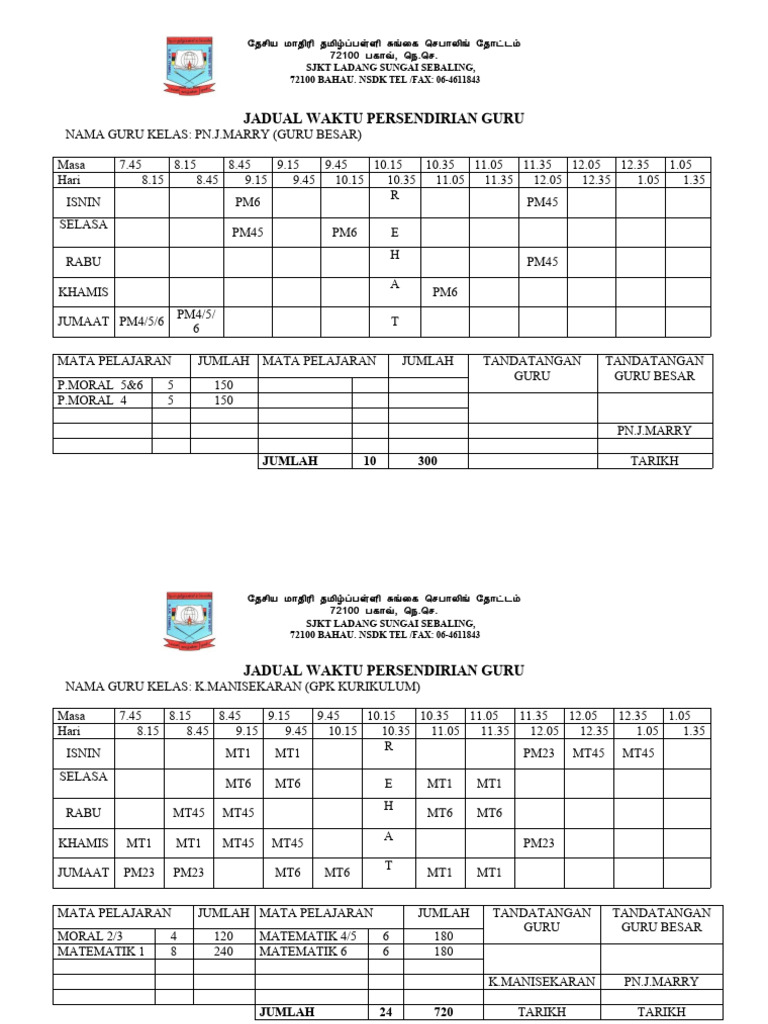 Jadual Waktu Guru 20 Jan | PDF