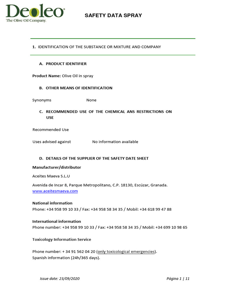 Olive Oil Spray Safety Data Sheet | PDF | Toxicity | Olive