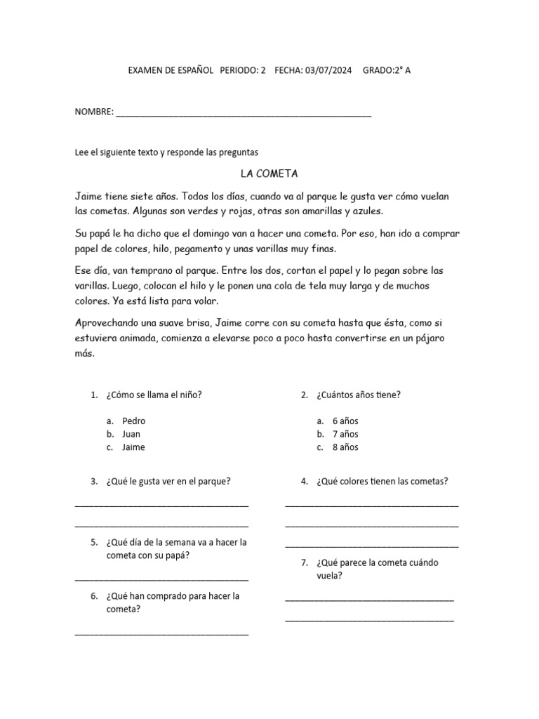 Examen de Español Periodo 2 | PDF