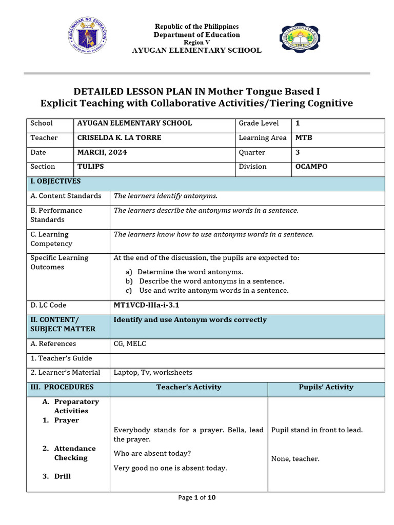 Detailed Lesson Plan in MTB 1 Q3 W3 | PDF | Lesson Plan | Teachers Detailed Lesson Plan in MTB 1 Q3 W3 | PDF | Lesson Plan | Teachers