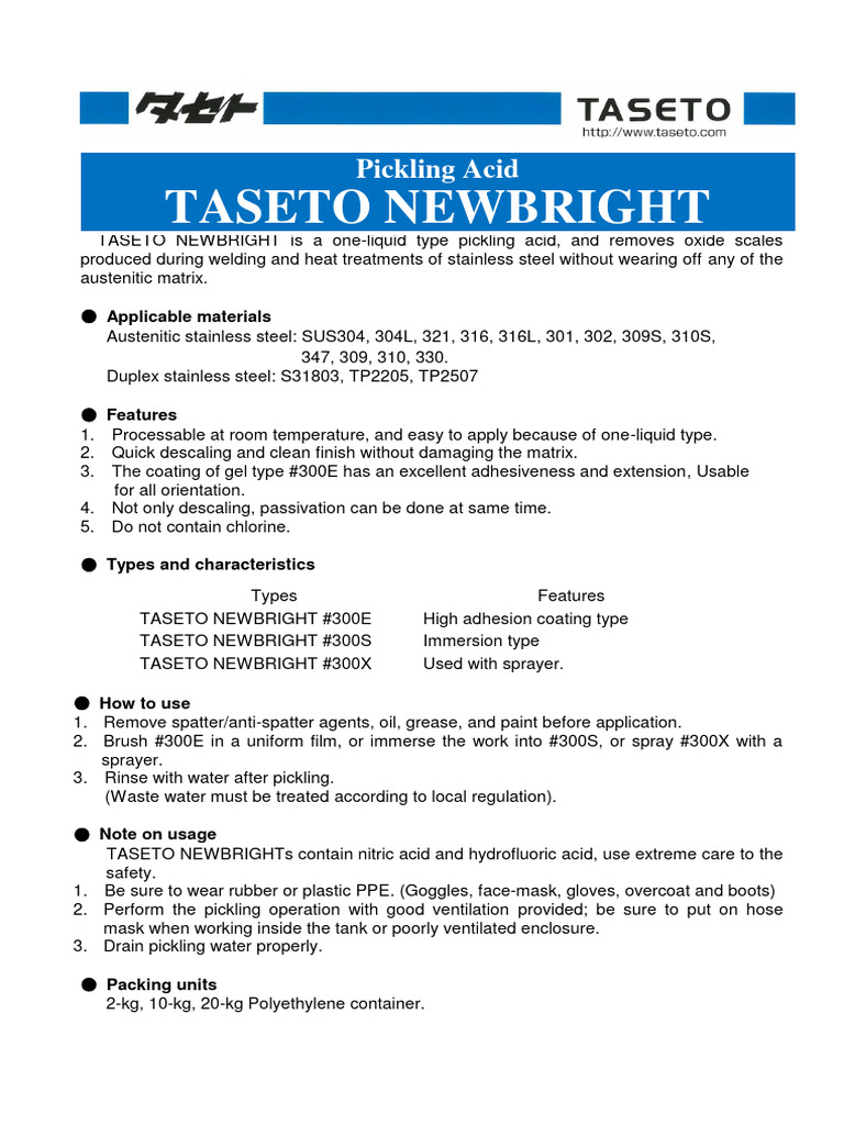TASETO NEWBRIGHT Pickling Acid Guide | PDF