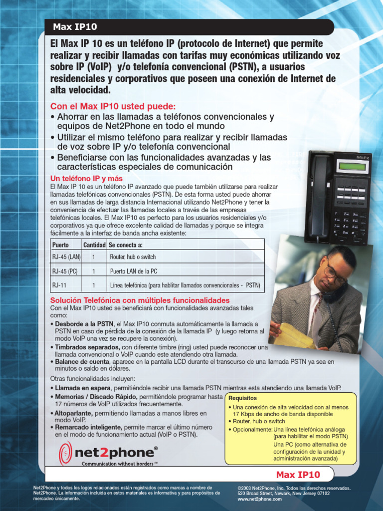 Max IP10 Spanish Datasheet | PDF | Voz sobre IP | Red Telefónica Conmutada