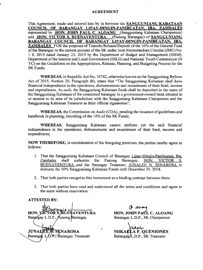 Barangay and SK Agreement | PDF