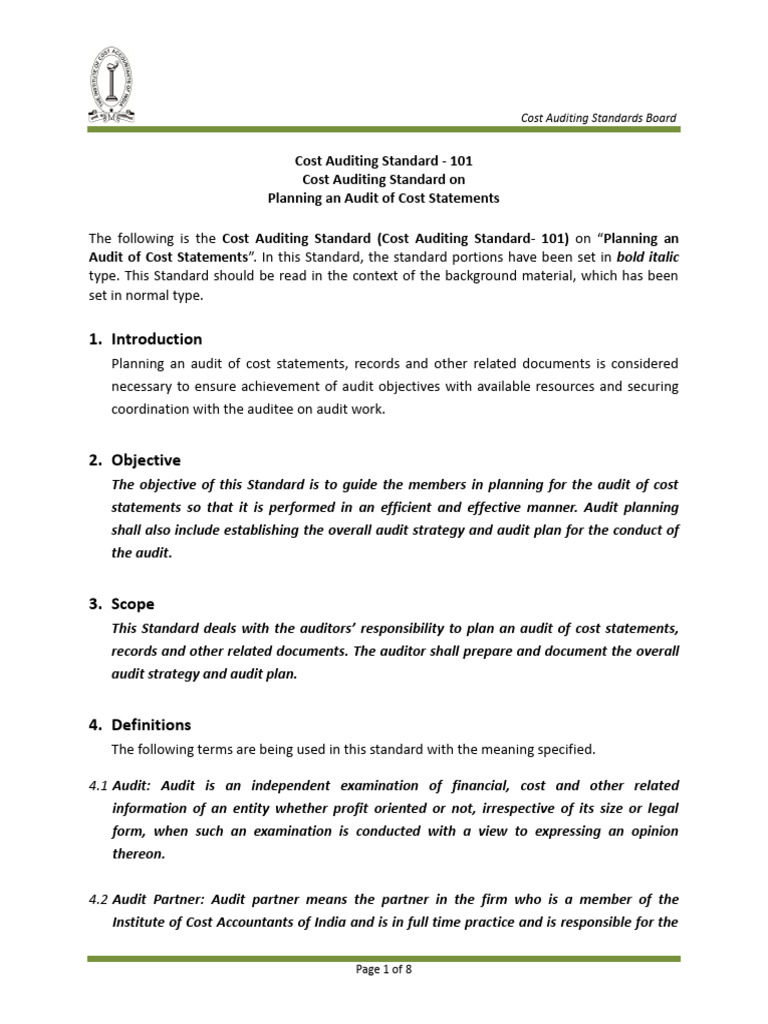 Cost Auditing Standard - 101 Cost Auditing Standard On Planning An ...