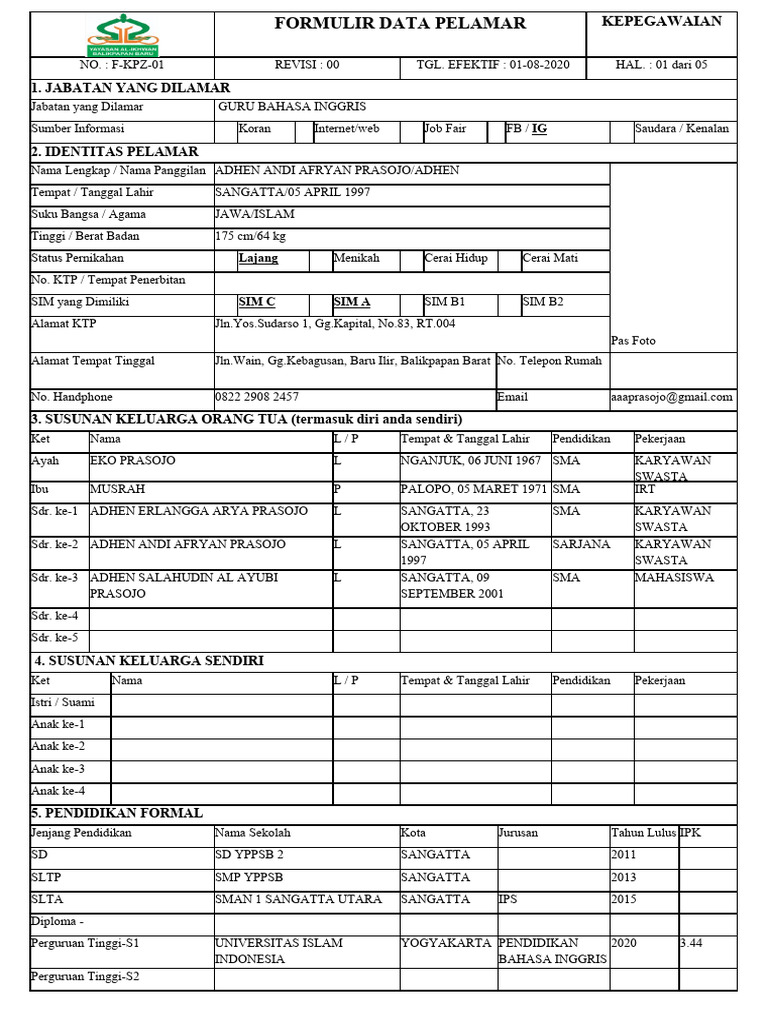 Formulir Data Pelamar | PDF