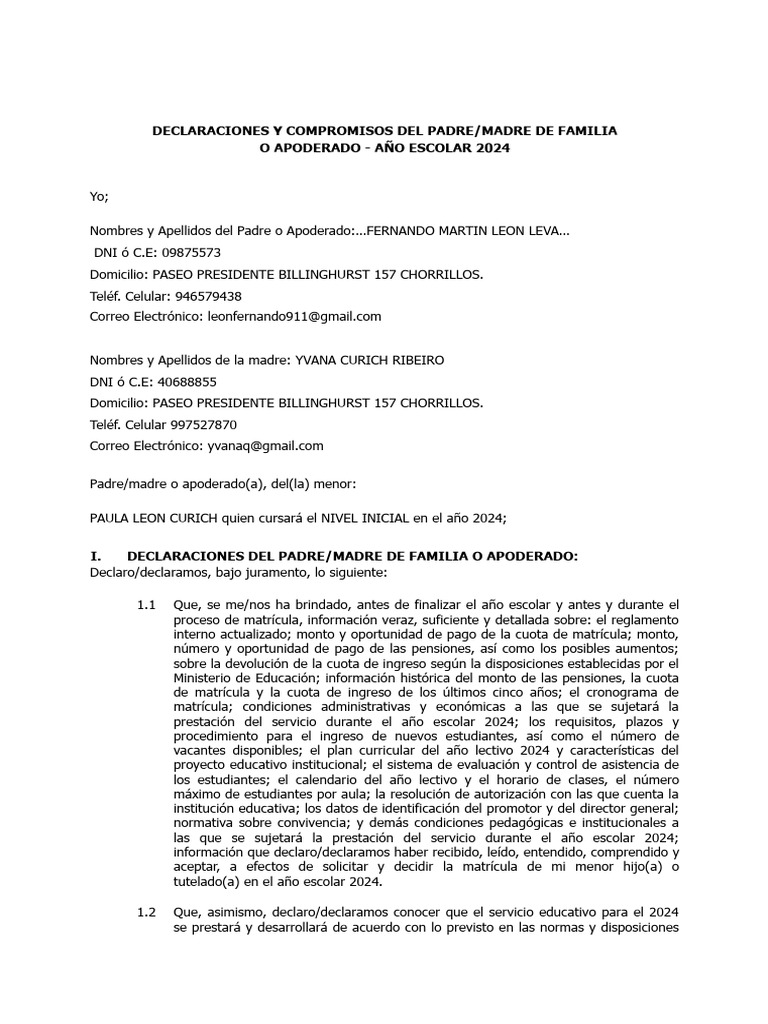 01 - Declaraciones - y - Compromisos - Del - Padre - de - Familia - o - Apoderado - 2024 Paula ...