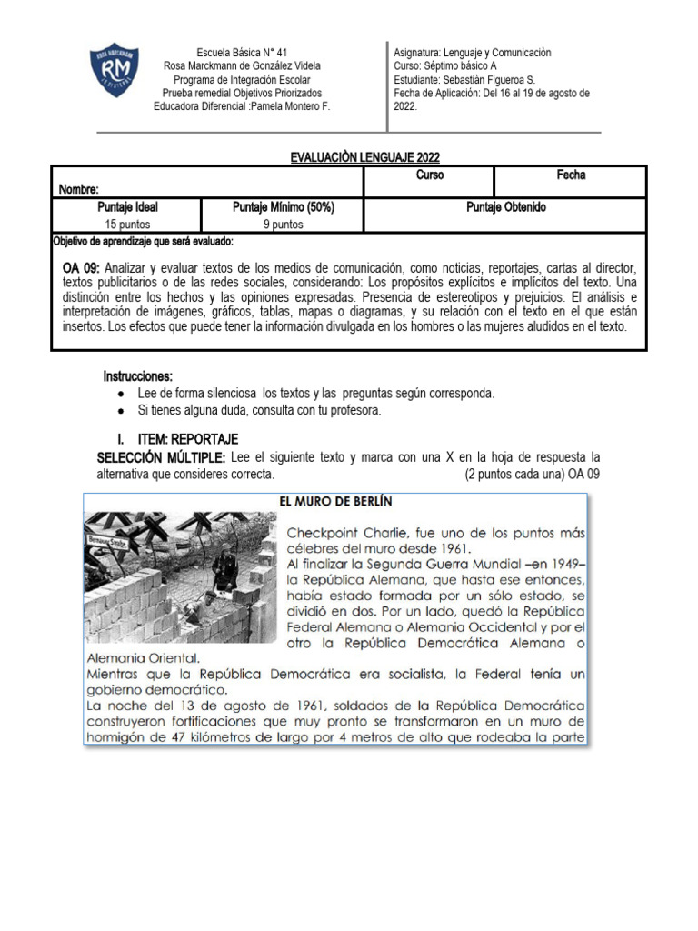 Prueba Remedial Lenguaje Agosto 2022 Sebastian Fig. | PDF