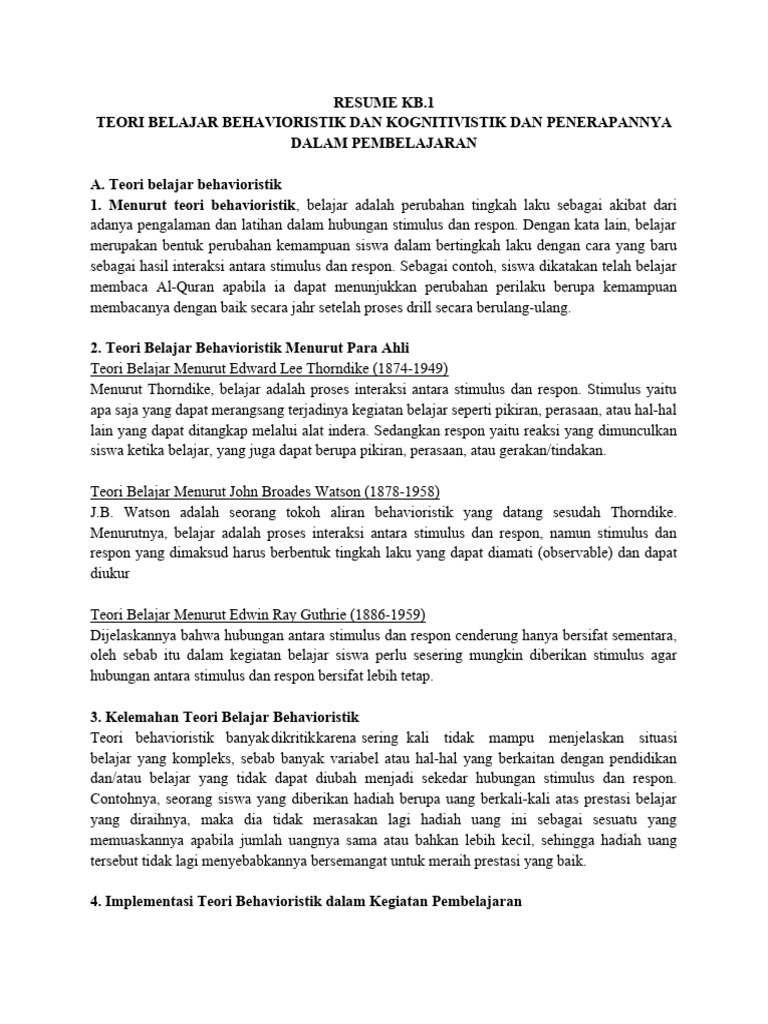 2024 LK - KB 1 RESUME TEORI BELAJAR DAN PEMBELAJARAN - Salin | PDF