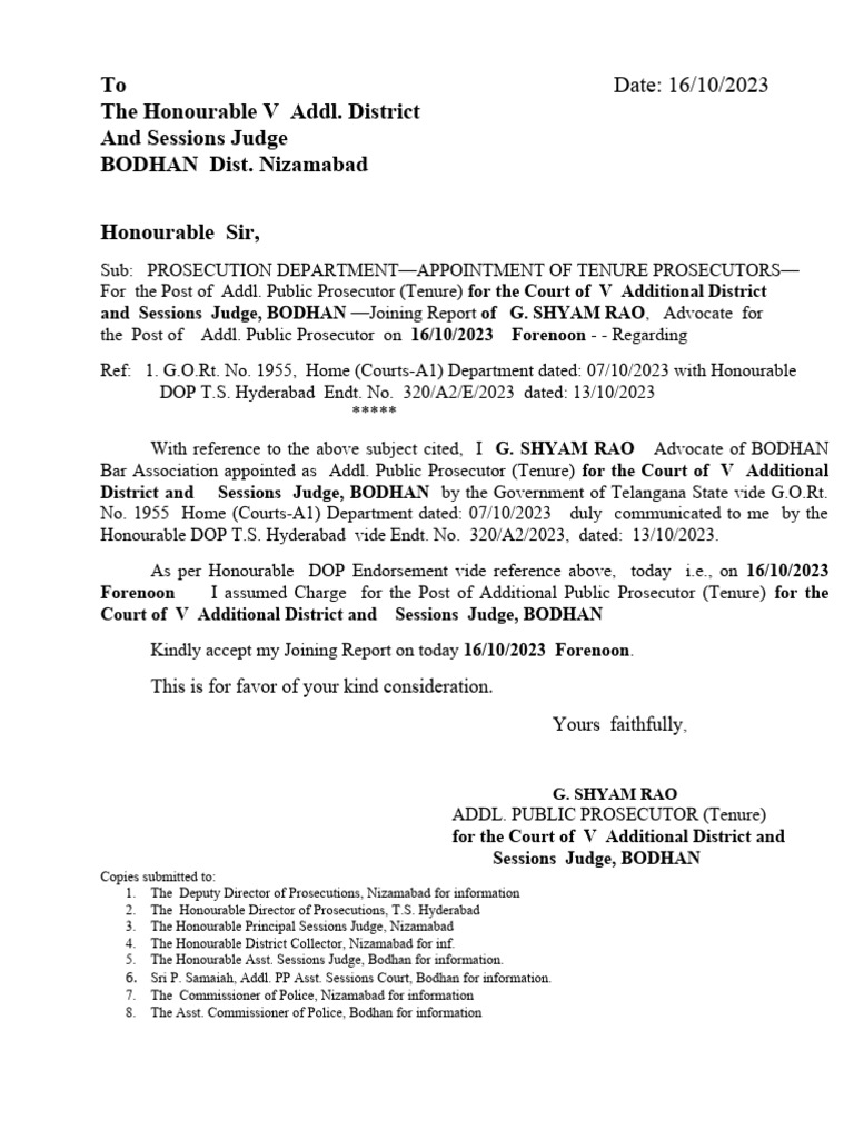 Shyam Rao Addl. PP Bodhan Joining Report 16-10-2023 | PDF | Prosecutor | Judge