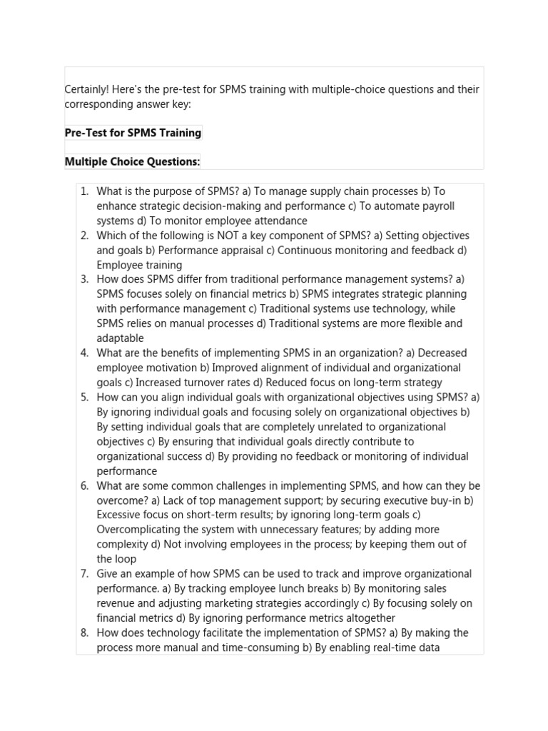 SPMS Training Pre-Test Questions | PDF | Goal | Leadership