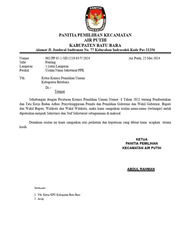 Usulan Nama Sekretariat PPK Air Putih | PDF