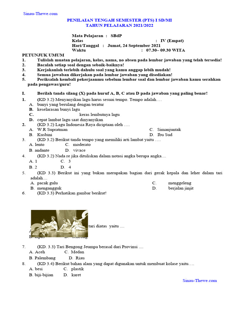 Soal & Jawaban PTS SBDP Kelas 4 Semester 1 Tahun 2021 Sinau-Thewe | PDF | Seni & Disiplin Bahasa ...