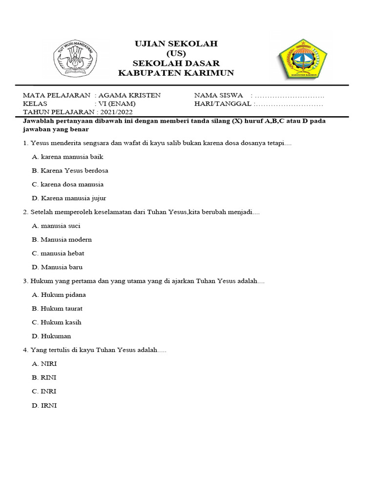 Soal Agama Kristen Kelas Vi (Ujian Sekolah) | PDF