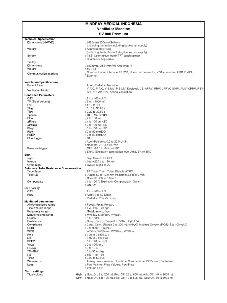 Mindray SV800 Ventilator Specs | PDF | Breathing | Respiration