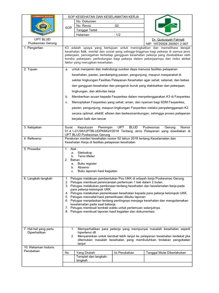 SOP Kesehatan dan Keselamatan Kerja | PDF