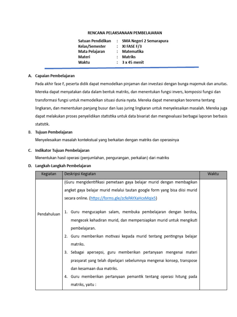 RPP Berdiferensiasi Matriks | PDF