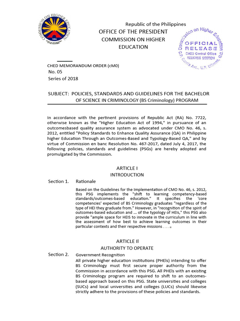 CHED CMO No. 5: BS Criminology Guidelines | PDF | Crimes | Crime & Violence