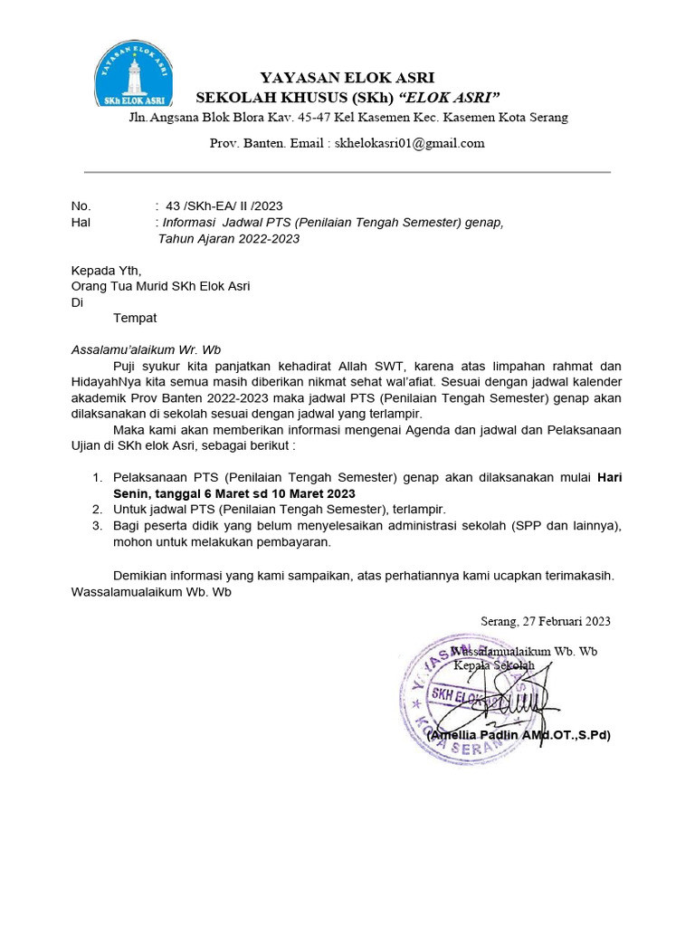 Surat + Jadwal PTS Genap 2022-2023 | PDF