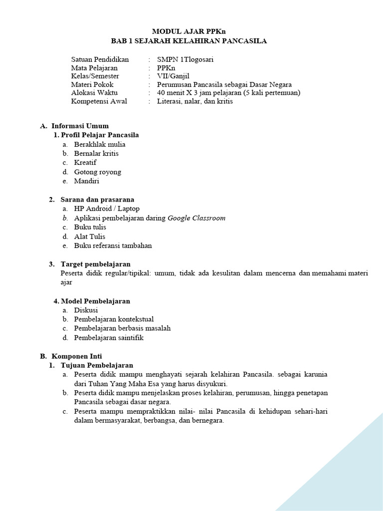 MODUL AJAR PPKN BAB 1 5X SEJARAH KELAHIRAN PANCASILA | PDF