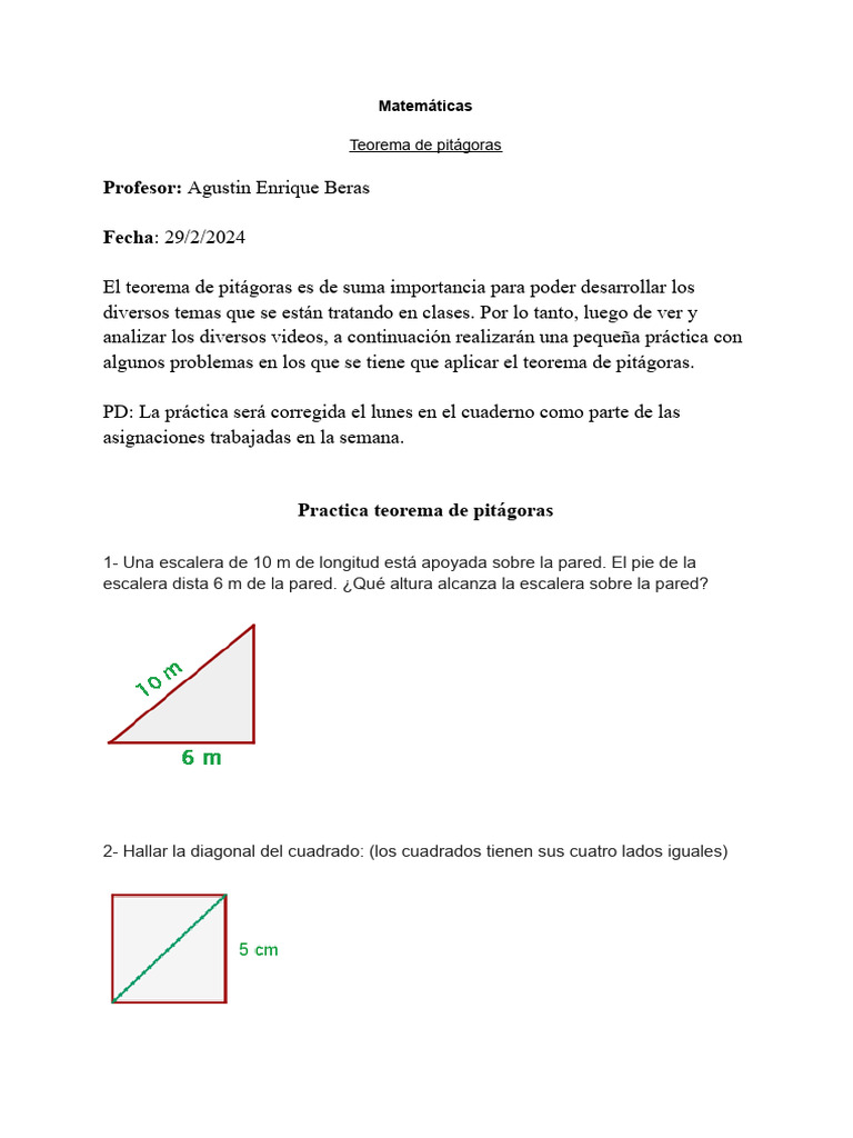 Práctica del Teorema de Pitágoras | PDF