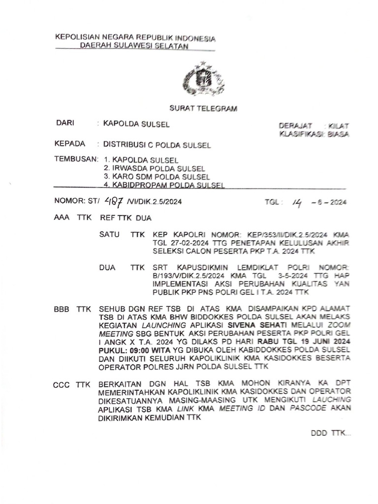 Surat Telegram TTG Launcing Aplikasi SIVENA SEHATI Melalui Zoom Meeting | PDF