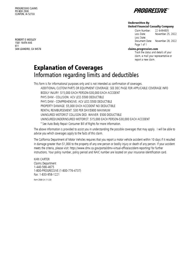 Progressive Claim Information Letter | PDF | Deductible | Insurance