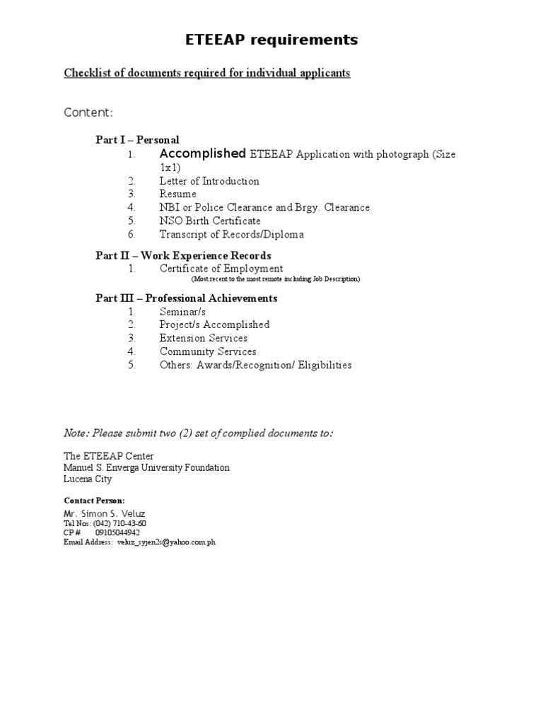 ETEEAP Application Requirements Checklist | PDF | Computers
