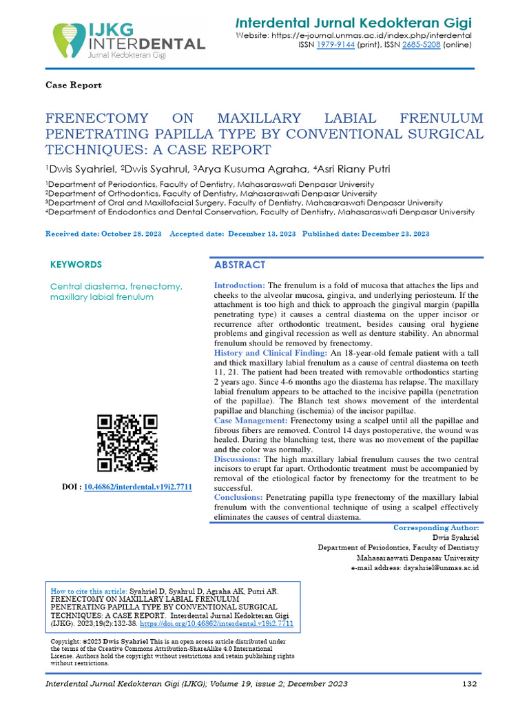 Frenectomy On Maxillary Labial Frenulum Penetrating Papilla Type By