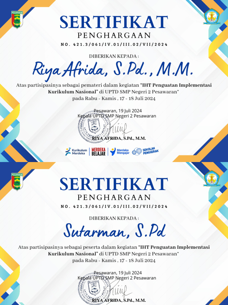 Sertifikat "IHT Penguatan Implementasi Kurikulum Nasional" Di Satuan ...
