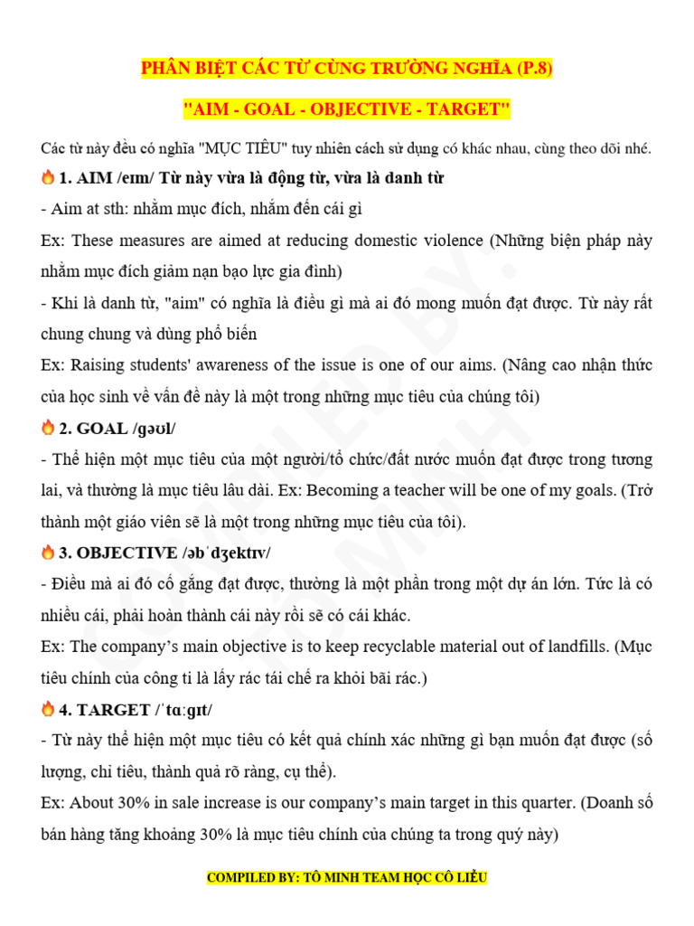 PHÂN BIỆT CÁC TỪ AIM - GOAL - OBJECTIVE - TARGET | PDF