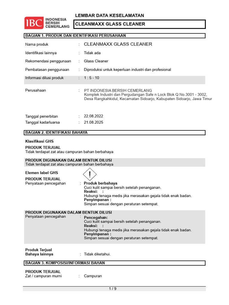 Lembar Data Keselamatan Cleanmaxx Glass Cleaner | PDF | Kesehatan Holistik