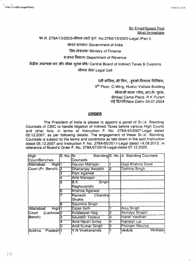 Appointment of Legal Counsels Dated 04.07.2024 | PDF | Government Of India | Government Finances