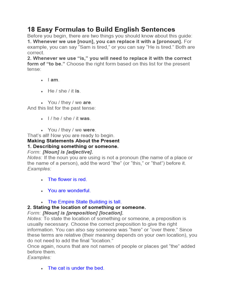 18 Easy Formulas to Build English Sentences | PDF | Verb | Adjective