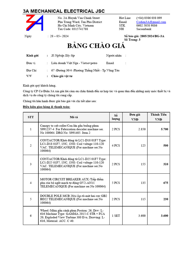 Báo Giá Cty 3A - PT TB Phun Bi 2024 - TT 2025 | PDF