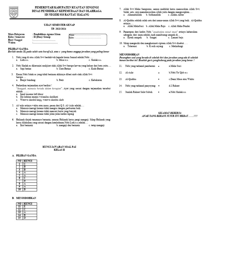 Naskah Soal Pat Pai KLS 2 Genap 2023-2024 | PDF