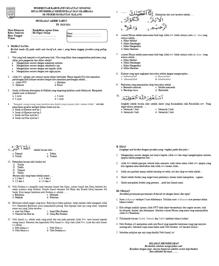 Naskah Soal Pat Pai KLS 3 Genap 2023-2024 | PDF