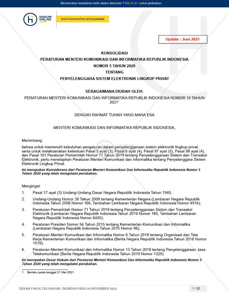 Perkominfo No. 5 Tahun 2020 Tentang Penyelenggaraan Sistem Elektronik Lingkup Privat ...