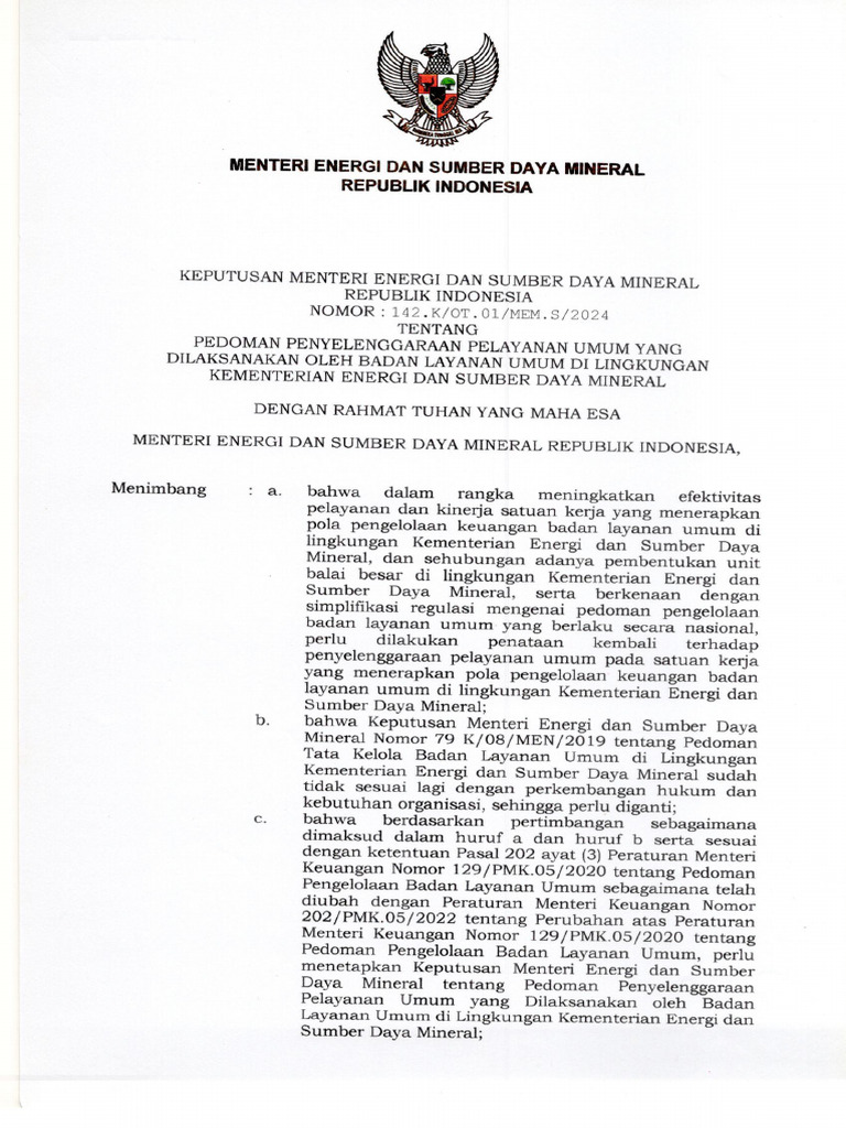 Kepmen ESDM No 142K - OT01 - MEM - S - 2024 | PDF