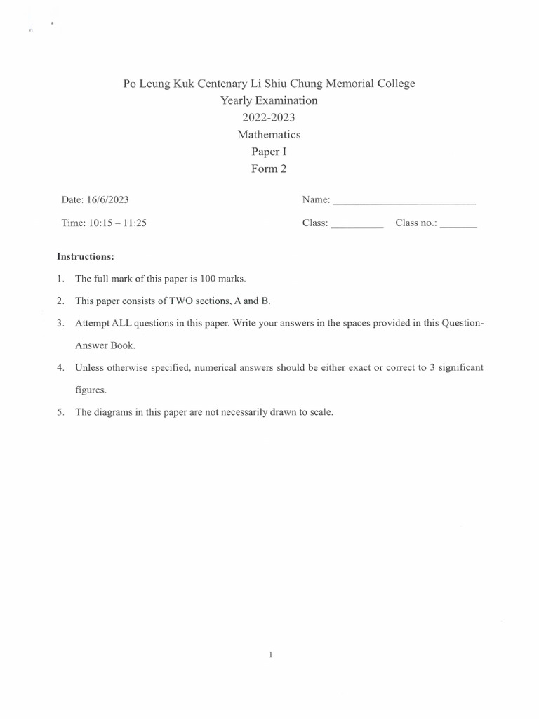 F2 YearlyExam Mathematics Paper1 QAB | PDF