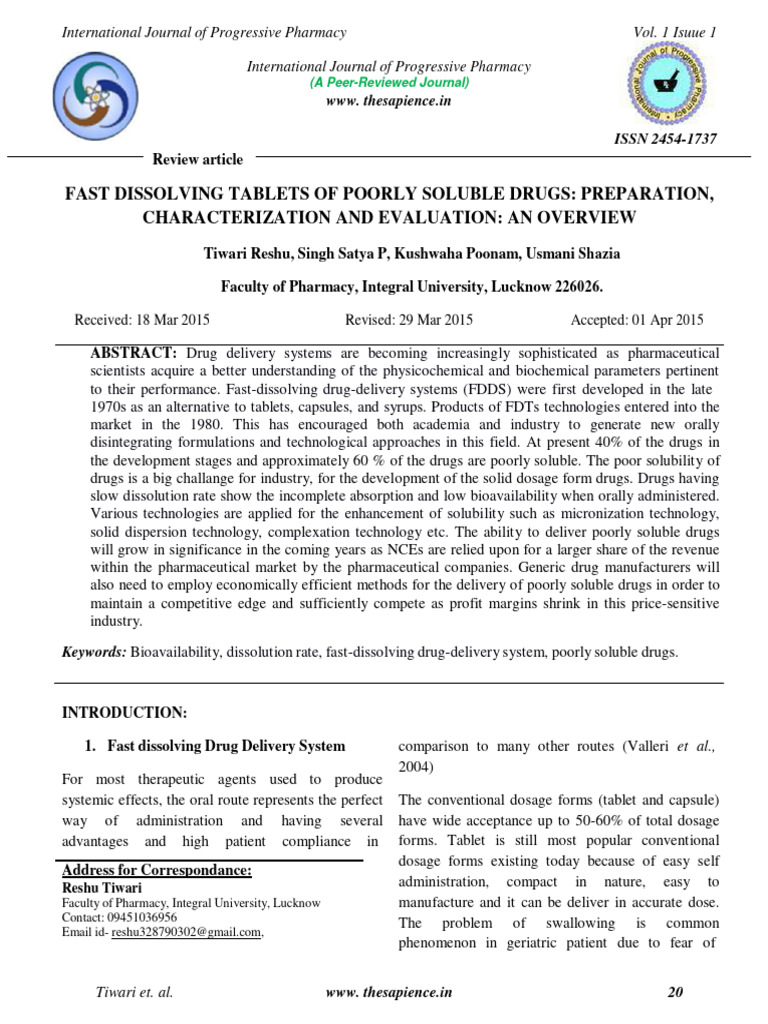 Review On Fast Dissolving Tablet | PDF | Tablet (Pharmacy) | Solubility