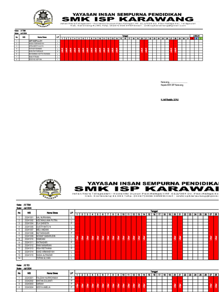 Rekap Kehadiran Siswa 2024 | PDF