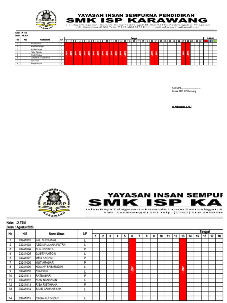 Rekap Kehadiran Siswa 2024 | PDF