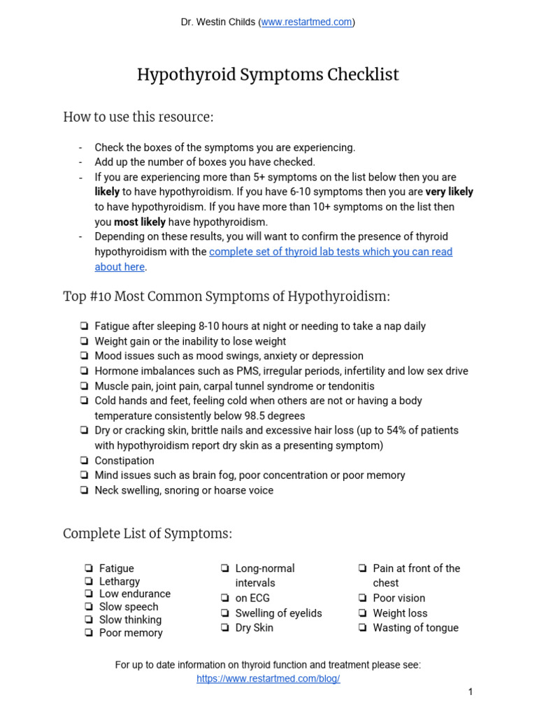 Hypothyroid Symptoms Checklist 1 Pdf Hypothyroidism Heart