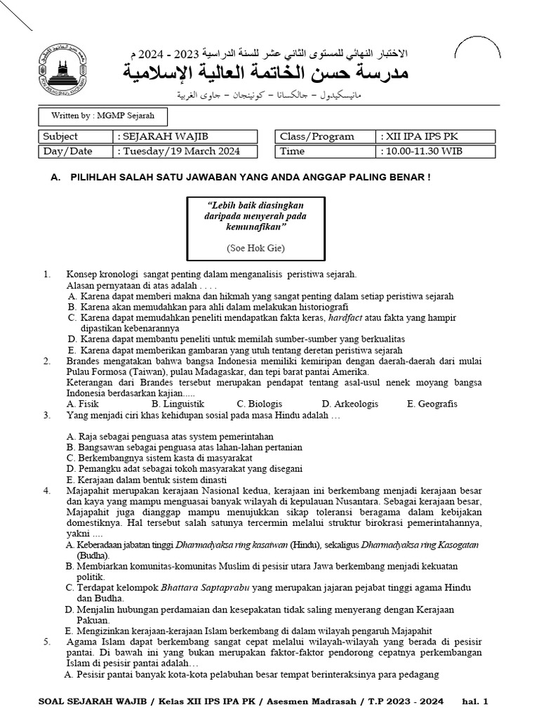 (Indonesian) Soal Sejarah Indonesia Kelas XII IPA IPS PK UAM 2023-2024 ...