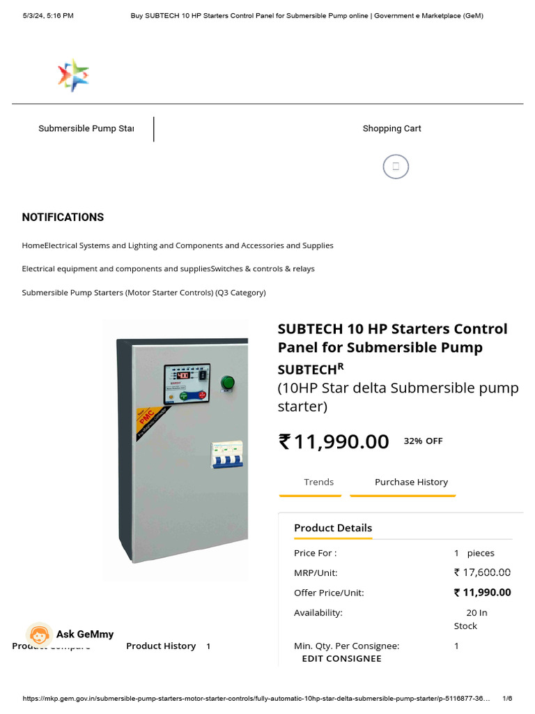 SUBTECH 10 HP Starters Control Panel For Submersible Pump Online - Government e Marketplace (GeM ...