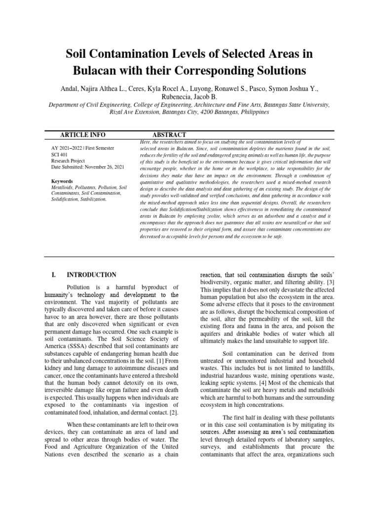 Soil Contamination Levels of Selected Areas in Bulacan With Their ...