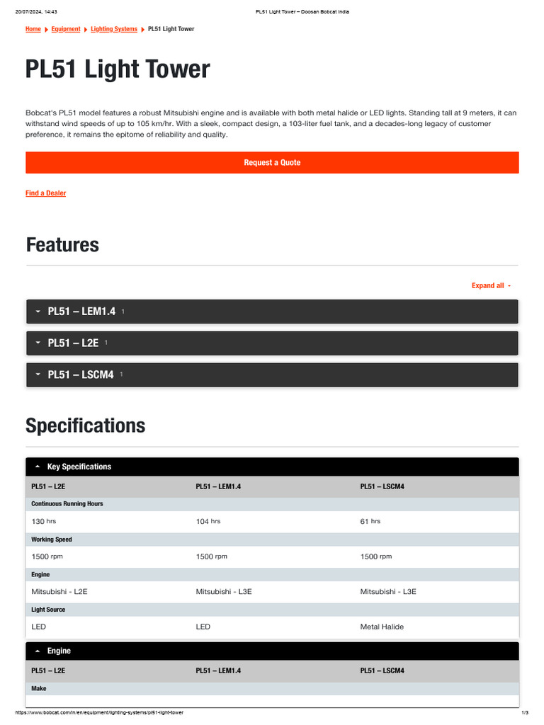 PL51 Light Tower - Doosan Bobcat India Specification | PDF | Power (Physics) | Electric Power