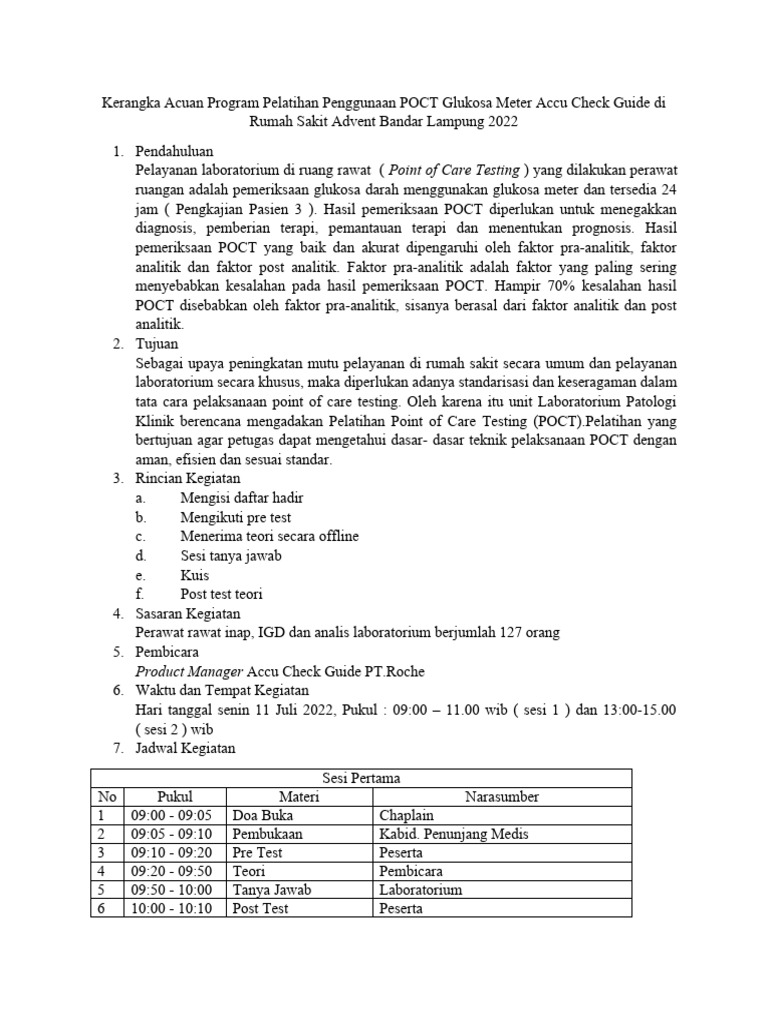Kerangka Acuan Program Pelatihan Penggunaan POCT Glukosa Meter Accu Check Guide Di Rumah Sakit ...
