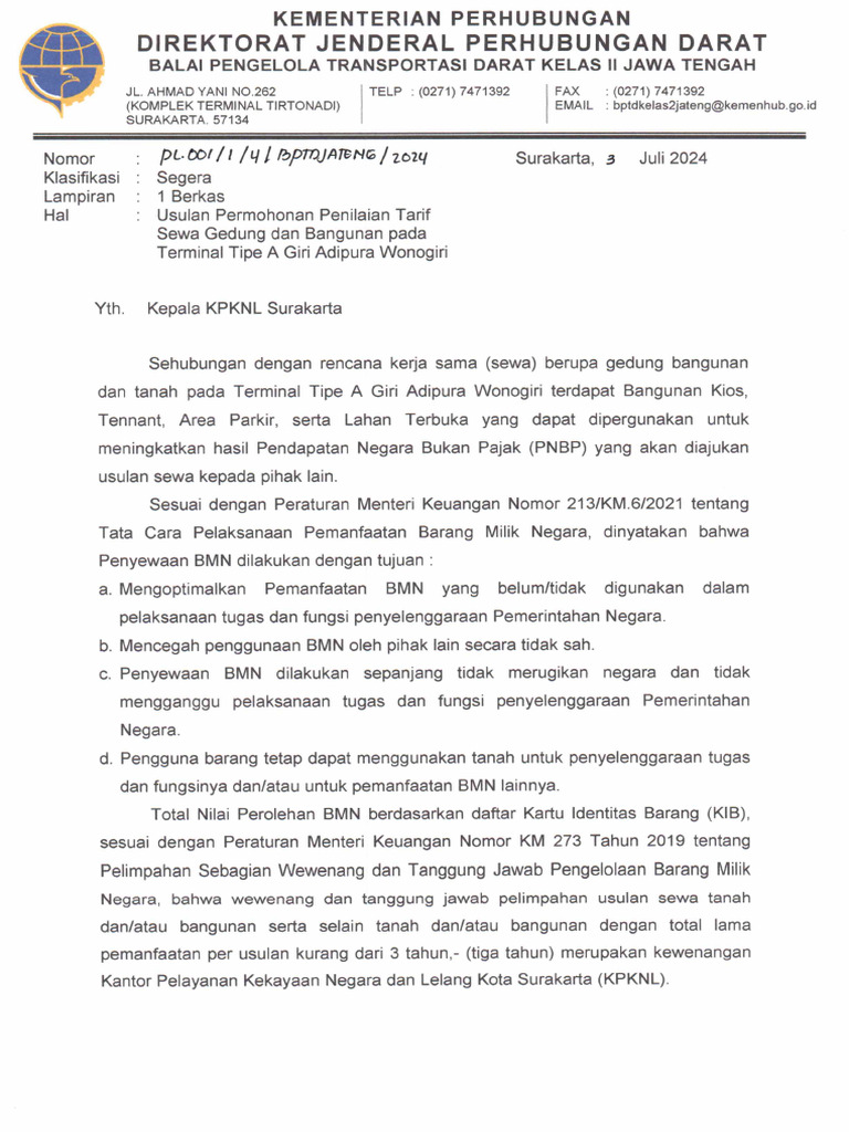 Surat Permohonan Tarif Sewa TTA GAP Wonogiri | PDF