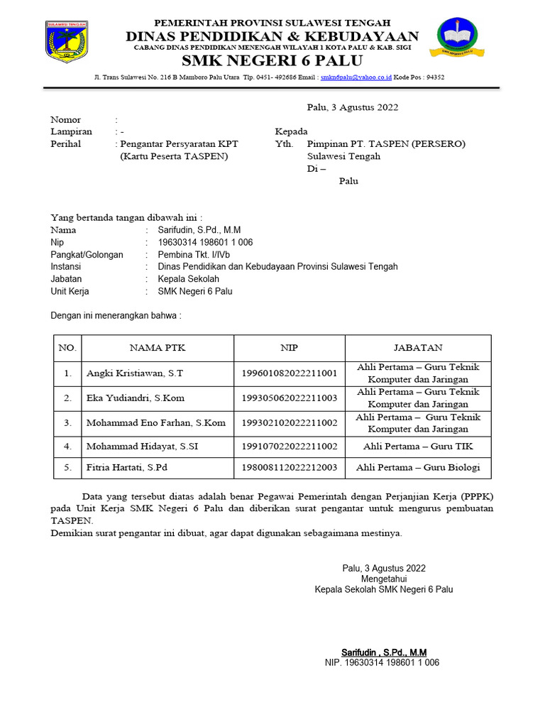 Surat Permohonan Perubahan Status Kepegawaian Di Dapodik (BARU) | PDF